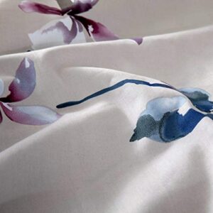 Eikei Modern Watercolor Flowers Print Duvet Quilt Cover 3pc Set Lilac Orchid Magnolia Blossom Leaf Branches Cotton Sateen 300tc Luxury Floral Bedding (Queen, Beige)