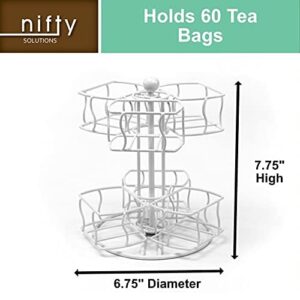 Nifty Tea Bag Spinning Carousel – 6 Compartments, Up to 60 Tea Bags Storage, Spins 360-Degrees, Lazy Susan Platform, Modern White Design, Home or Office Kitchen Counter Organizer