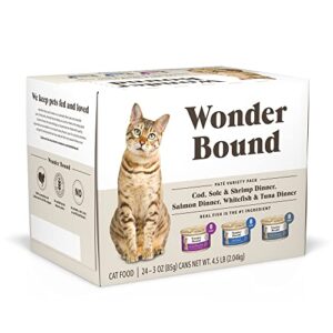 amazon brand - wonder bound wet cat food, pate, no added grain, variety pack (cod, sole & shrimp, salmon, white fish & tuna), 3 ounce (pack of 24)