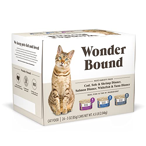 Amazon Brand - Wonder Bound Wet Cat Food, Pate, No Added Grain, Variety Pack (Cod, Sole & Shrimp, Salmon, White Fish & Tuna), 3 ounce (Pack of 24)