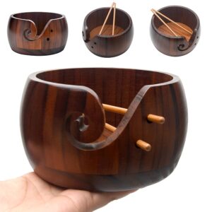 wooden yarn bowl with bamboo crochet hooks & holes, knitting accessories diy hand craft yarn storage bowls for yarn balls & skeins, birthday gifts for mom & knitting lovers (type c)