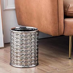 Round Silver Trash Can, Small Wastebasket, Garbage Receptacle Bin for Bathrooms, Powder Rooms, Kitchens, Home Offices - Durable Ceramics