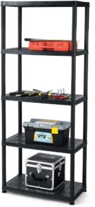 ldaily 5 tier plastic storage shelves, easy to assemble garage rack, multi-use free standing shelf unit, heavy duty shelving for home office, black (1, 33.5“l x 16”w x 73“h)