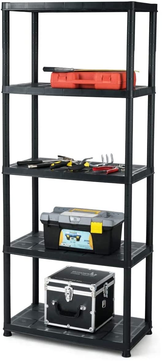 LDAILY 5 Tier Plastic Storage Shelves, Easy to Assemble Garage Rack, Multi-Use Free Standing Shelf Unit, Heavy Duty Shelving for Home Office, Black (1, 33.5“L X 16”W X 73“H)