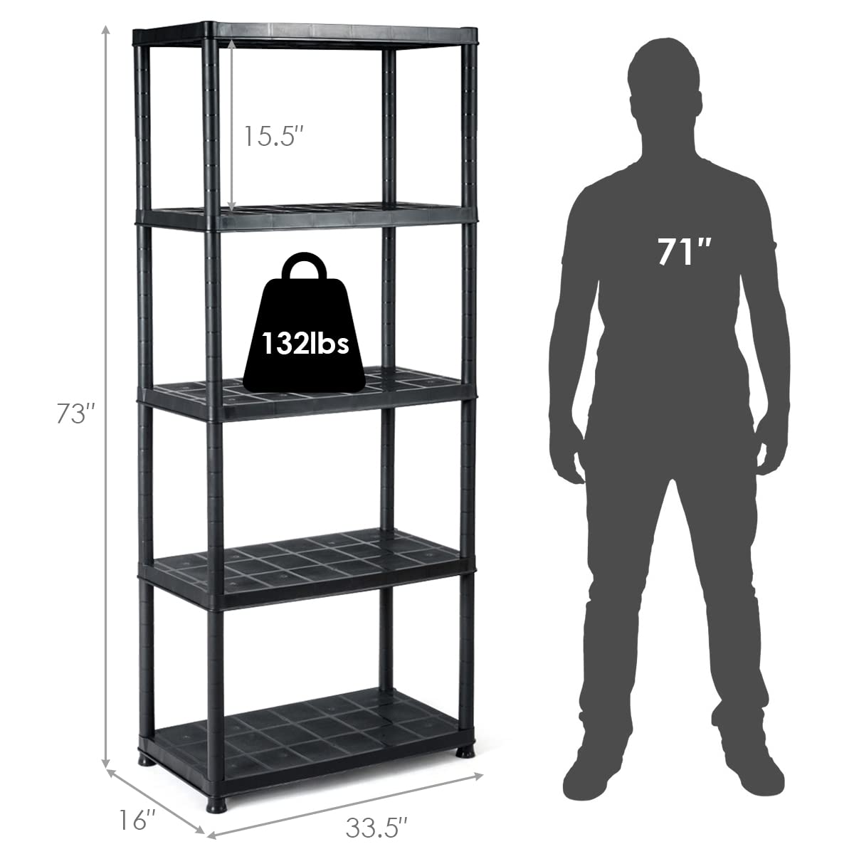 LDAILY 5 Tier Plastic Storage Shelves, Easy to Assemble Garage Rack, Multi-Use Free Standing Shelf Unit, Heavy Duty Shelving for Home Office, Black (1, 33.5“L X 16”W X 73“H)