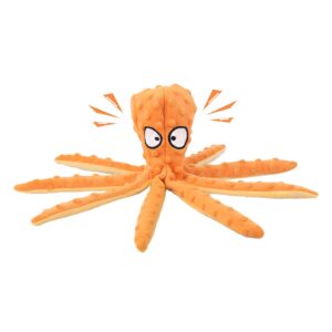 wishlotus octopus dog chew toy, no stuffing plush dog squeaky toy with crinkle paper in legs, corduroy interactive dog play toy dog teething toy for small, medium dogs (orange)