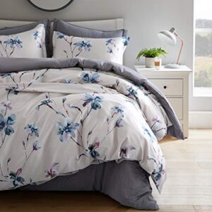 eikei modern watercolor flowers print duvet quilt cover 3pc set lilac orchid magnolia blossom leaf branches cotton sateen 300tc luxury floral bedding (queen, beige)