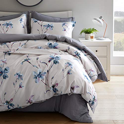 Eikei Modern Watercolor Flowers Print Duvet Quilt Cover 3pc Set Lilac Orchid Magnolia Blossom Leaf Branches Cotton Sateen 300tc Luxury Floral Bedding (Queen, Beige)