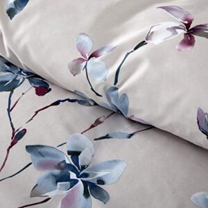 Eikei Modern Watercolor Flowers Print Duvet Quilt Cover 3pc Set Lilac Orchid Magnolia Blossom Leaf Branches Cotton Sateen 300tc Luxury Floral Bedding (Queen, Beige)