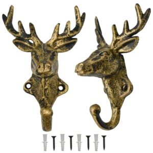 maydahui 2 pcs retro brass deer head hooks vintage american country style gold cast iron reindeer elk hanger hooks(4.33 x 6.3 inch) for coat rack key holder christmas party gift home decor