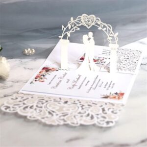 nc 10sets 3d pop up bride and groom white wedding invitation card laser cut pocket floral engagement invitations with envelope & inner paper (white), 18x12.5cm