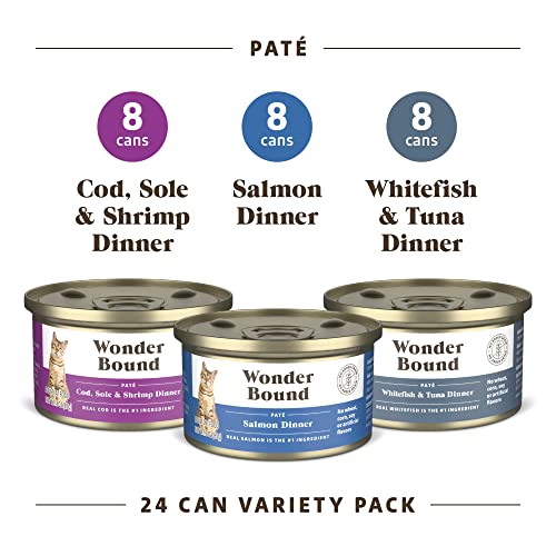 Amazon Brand - Wonder Bound Wet Cat Food, Pate, No Added Grain, Variety Pack (Cod, Sole & Shrimp, Salmon, White Fish & Tuna), 3 ounce (Pack of 24)