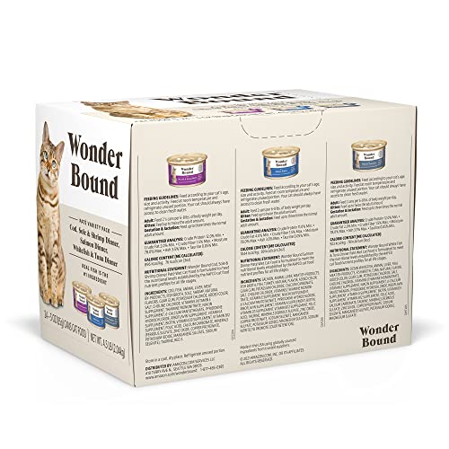 Amazon Brand - Wonder Bound Wet Cat Food, Pate, No Added Grain, Variety Pack (Cod, Sole & Shrimp, Salmon, White Fish & Tuna), 3 ounce (Pack of 24)