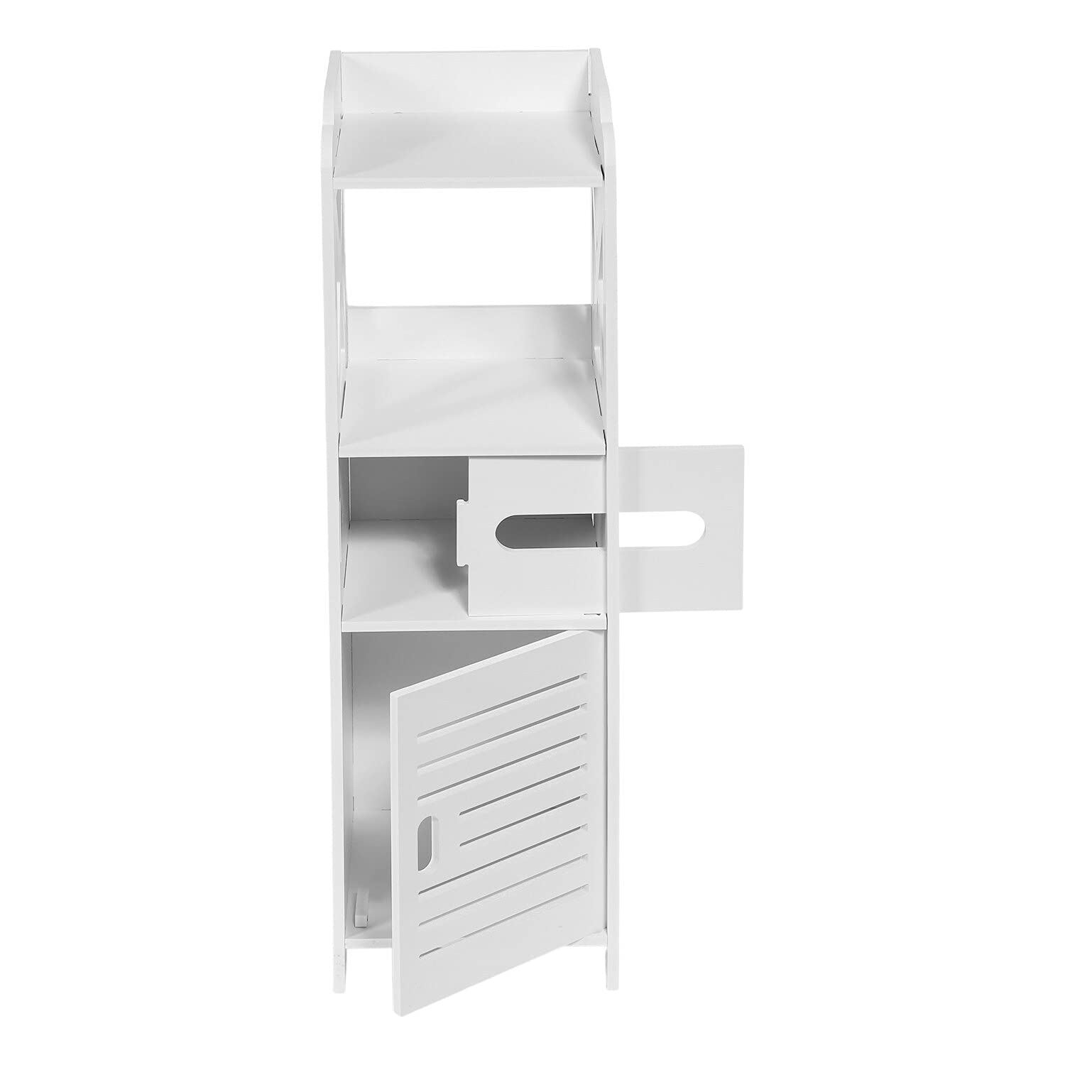 Etna Bathroom Storage Cabinet Tower - Freestanding Restroom Organizer Rack, White Bath Room Shelf Unit with Tissue Holder