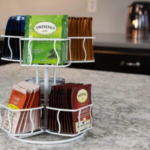 Nifty Tea Bag Spinning Carousel – 6 Compartments, Up to 60 Tea Bags Storage, Spins 360-Degrees, Lazy Susan Platform, Modern White Design, Home or Office Kitchen Counter Organizer