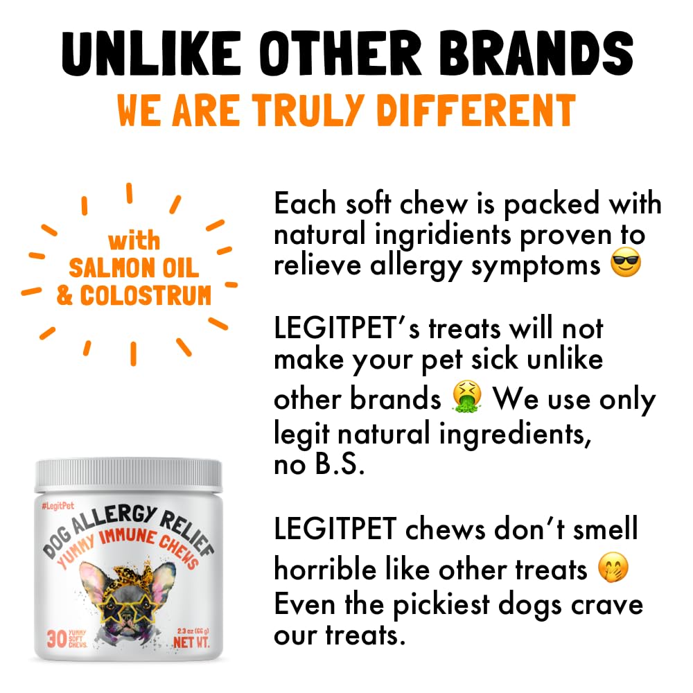 Allergy Relief Chews for Dogs & Immune & Digestive Supplement with Wild Salmon Oil Kelp Colostrum Turmeric Probiotics & Bee Pollen for Seasonal Allergies Anti Itch, Skin Hot Spots 30 Soft Treats