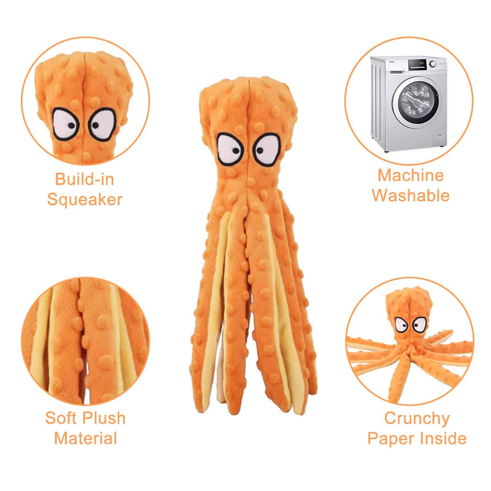 WishLotus Octopus Dog Chew Toy, No Stuffing Plush Dog Squeaky Toy with Crinkle Paper in Legs, Corduroy Interactive Dog Play Toy Dog Teething Toy for Small, Medium Dogs (Orange)