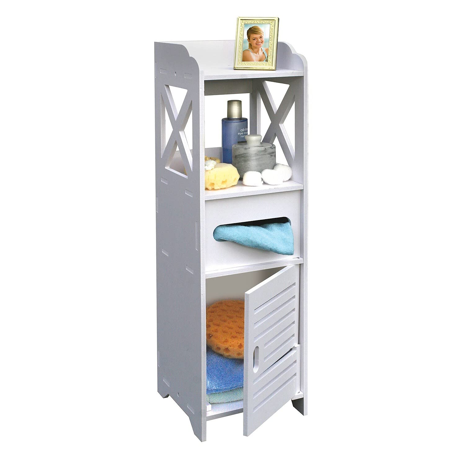 Etna Bathroom Storage Cabinet Tower - Freestanding Restroom Organizer Rack, White Bath Room Shelf Unit with Tissue Holder