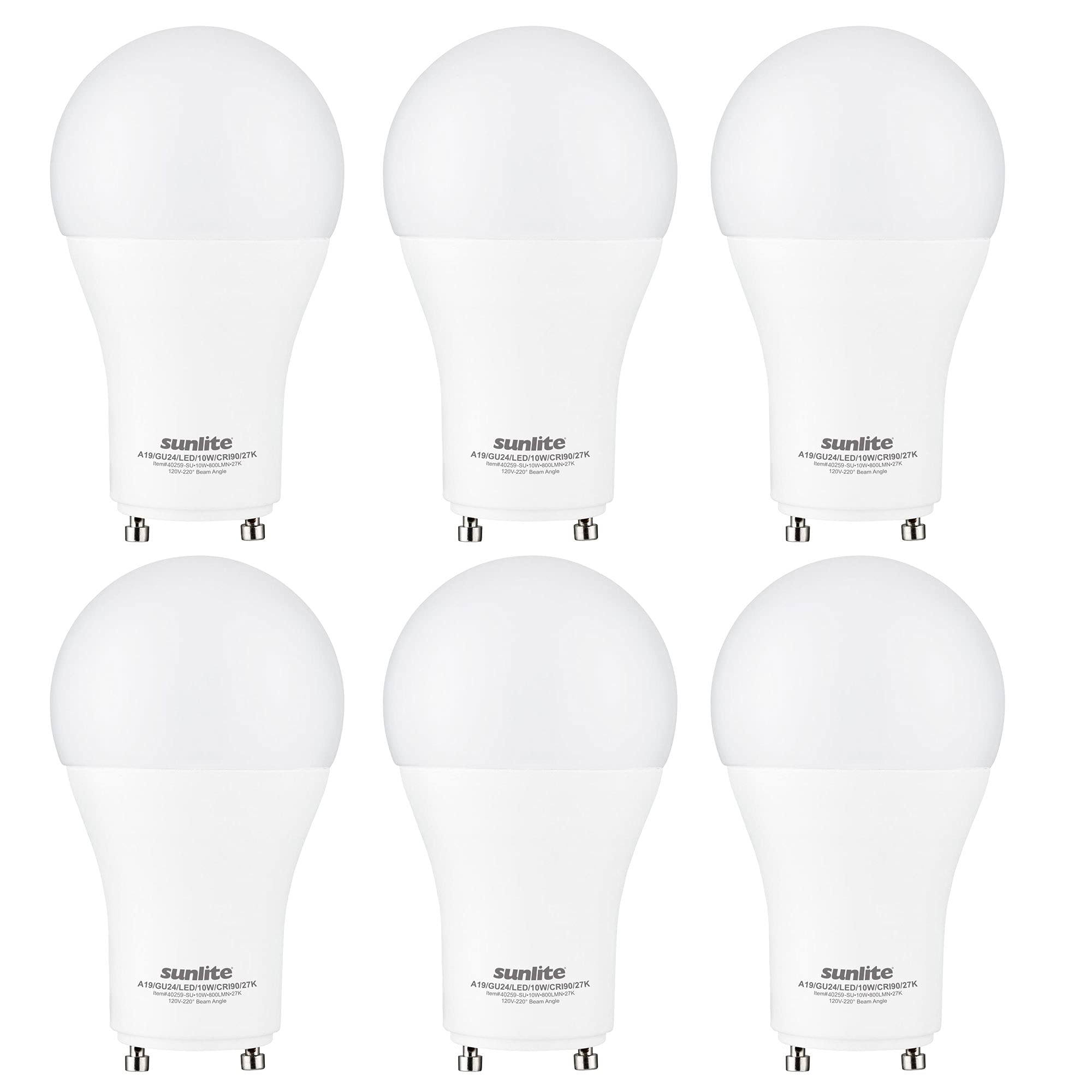 Sunlite A19 GU24 Dimmable Light Bulb, 10 Watts (60W Equivalent) 800 Lumens, 2 Prong LED Twist and Lock Base, 90 CRI, UL Listed, Energy Star, Title 20 Compliant, 2700K Soft White, 6 Pack