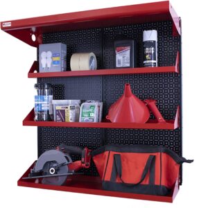 metal pegboard shelving organization system omniwall shelving kit 32" x 32" modular pegboard- panel color: black accessory color: red