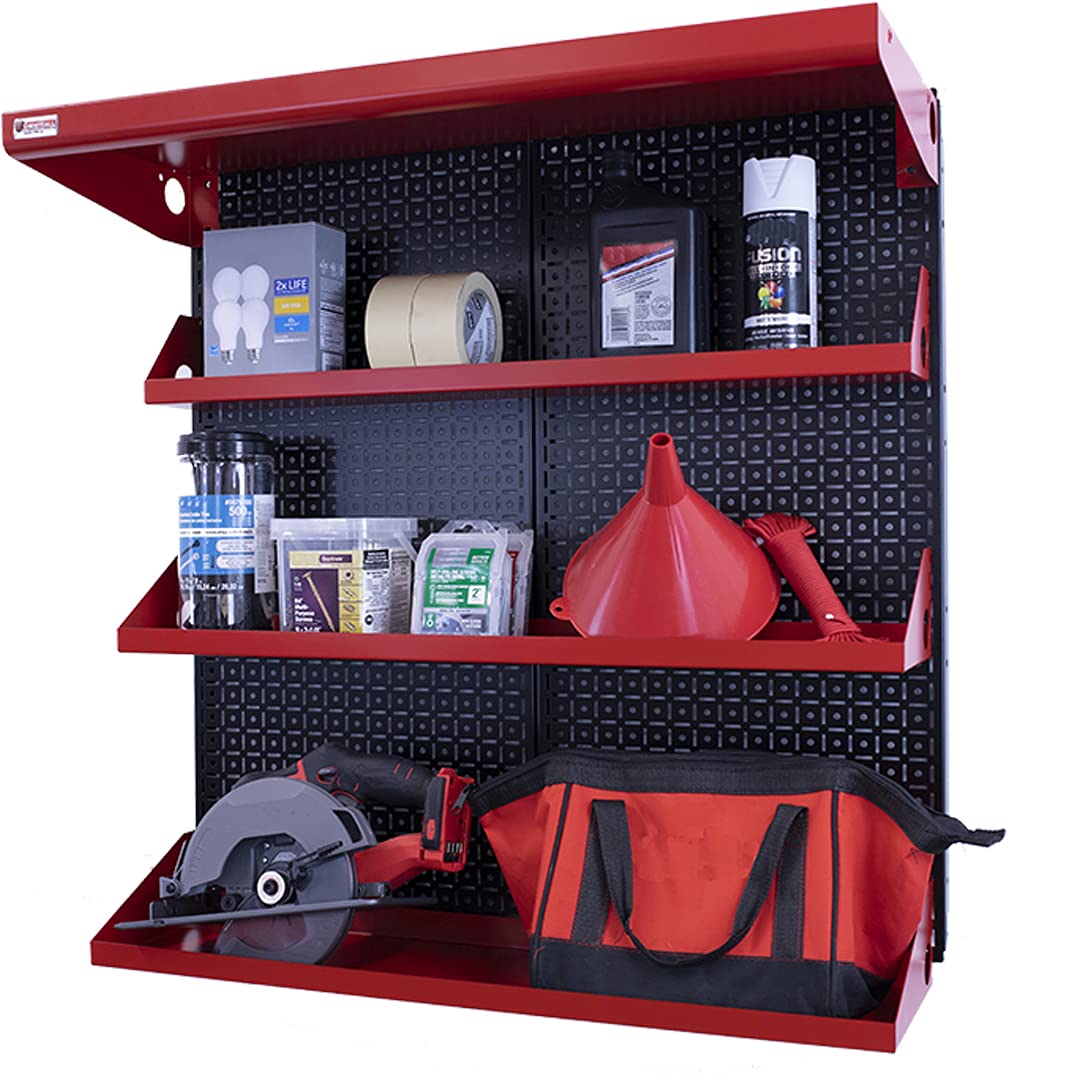 Metal Pegboard Shelving Organization System OmniWall Shelving Kit 32" x 32" Modular Pegboard- Panel Color: Black Accessory Color: Red