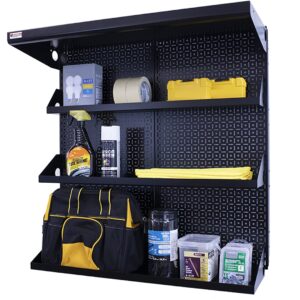 Metal Pegboard Shelving Organization System OmniWall Shelving Kit 32" x 32" Modular Pegboard- Panel Color: Black Accessory Color: Red