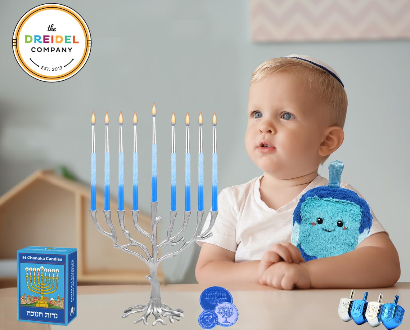 The Dreidel Company Metallic Hanukkah Frosted Premium Tapered Hand Decorated Chanuka Candles (Metallic Silver w/Blue Frost)