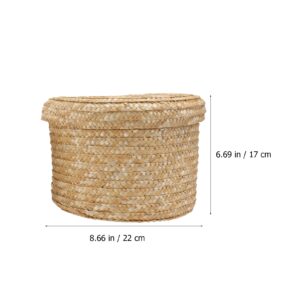 Cabilock 2pcs Straw Storage Basket Desktop Wicker Magazine Baskets Hampers for Laundry with Lid Seagrass Storage Baskets Snack Container Wheat Straw Decorative Basket to Weave