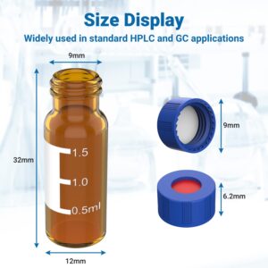 FOUR E'S SCIENTIFIC 2ml Autosampler Vials 1000 Pack - HPLC Vial | 9-425 Amber Vial with Blue Screw Caps | Writing Patch | Graduation | White PTFE & Red Silicone Septa Fit for LC Sampler