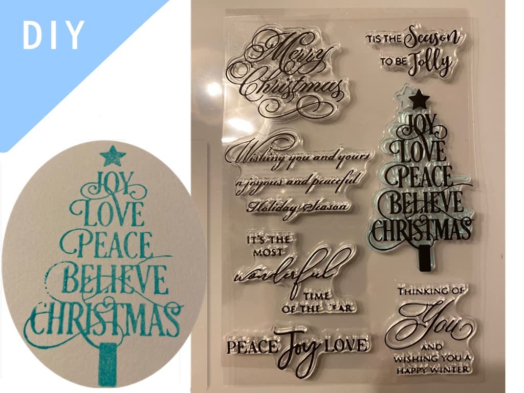 QISKAII, Merry Christmas Blessing Words Clear Stamps for Card Making Decoration DIY Scrapbooking,Graceful Handwriting Tree Album Decorative Silicon Stamp Crafts