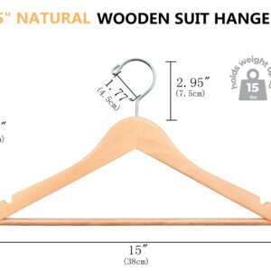 Amber Home 20 Pack 15" Natural Wooden Clothes Hangers for Woman, Teenager Clothing Hangers for Shirt Jacket, Solid Wood Dress Coat Hangers with Non Slip Pants Bar (Natural, 20)