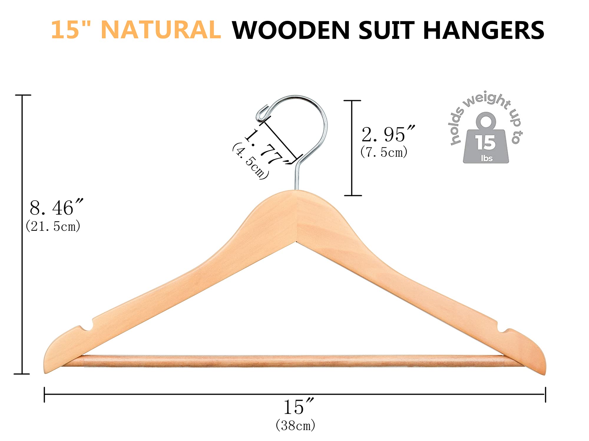 Amber Home 20 Pack 15" Natural Wooden Clothes Hangers for Woman, Teenager Clothing Hangers for Shirt Jacket, Solid Wood Dress Coat Hangers with Non Slip Pants Bar (Natural, 20)