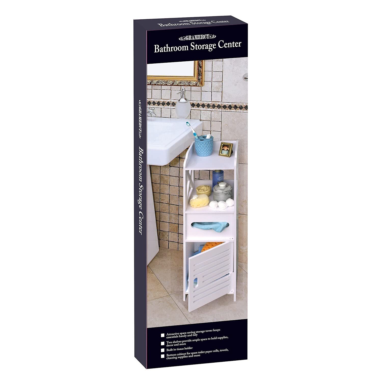 Etna Bathroom Storage Cabinet Tower - Freestanding Restroom Organizer Rack, White Bath Room Shelf Unit with Tissue Holder