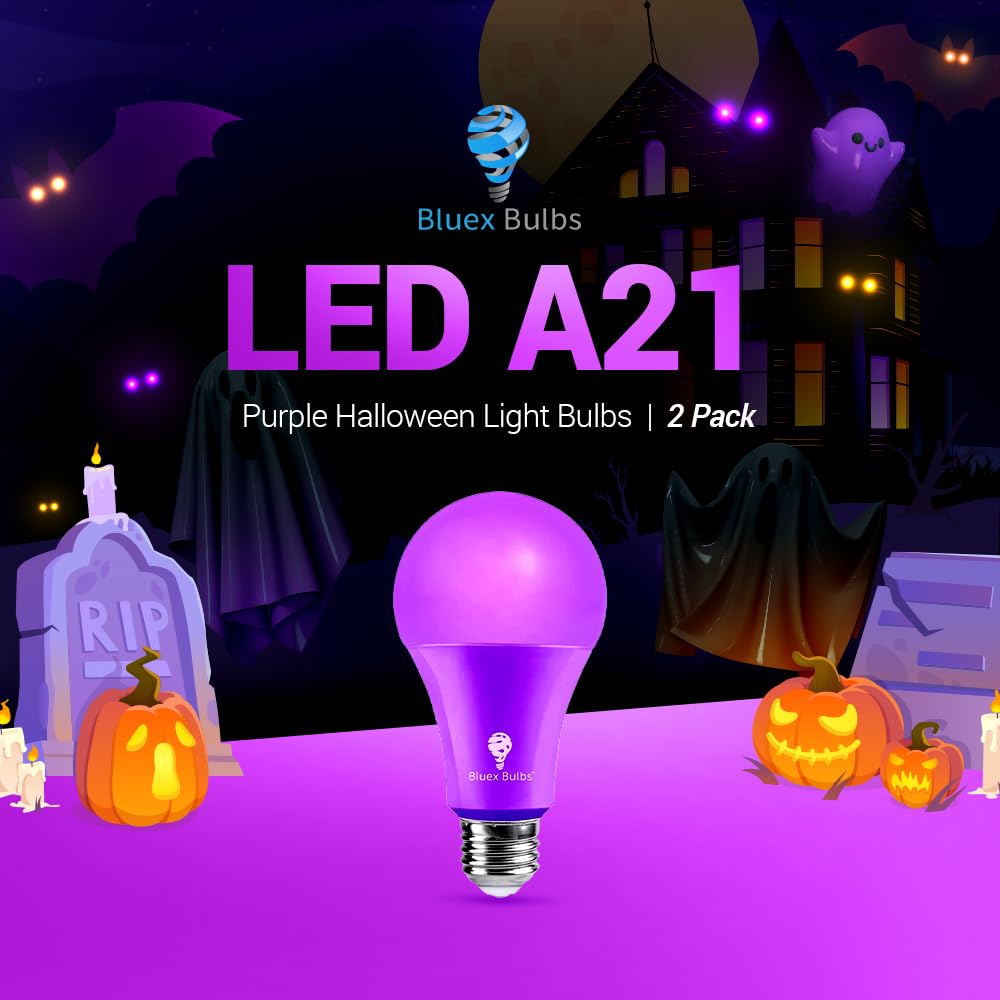 2 Pack BlueX LED A21 Purple Light Bulbs - 15W (120Watt Equivalent) - E26 Base Purple LED Purple Bulb, Party Decoration, Porch, Home Lighting, Holiday Lighting, Decorative Illumination Purple LED Bulb