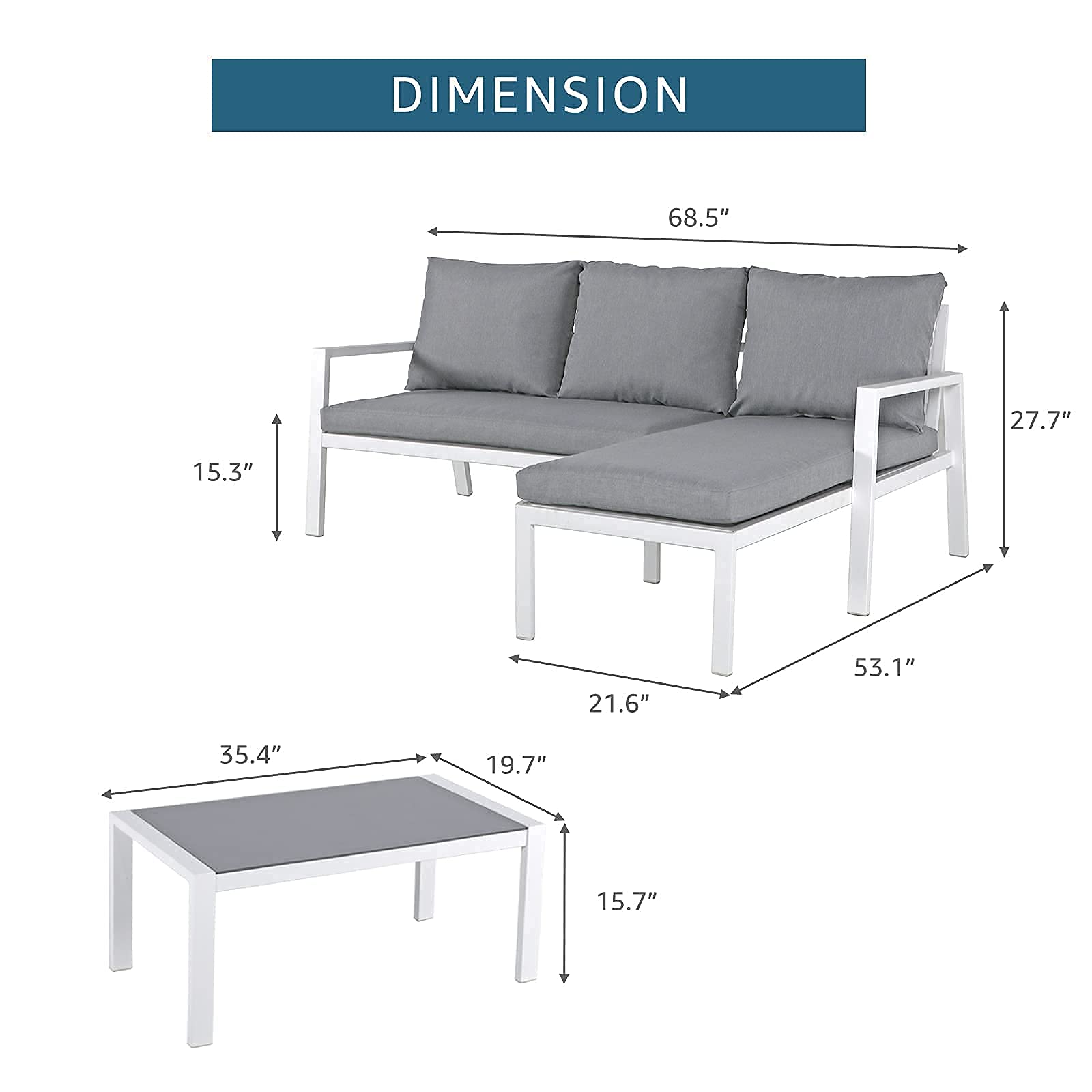 Soleil Jardin Outdoor Patio Furniture Set with Chaise Lounge, Aluminum Sofa Set for Porch Garden, Space Saving L-Shaped Corner Sectional Chair with Glass Coffee Table, White Finish & Grey Cushion