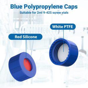 FOUR E'S SCIENTIFIC 2ml Autosampler Vials 1000 Pack - HPLC Vial | 9-425 Amber Vial with Blue Screw Caps | Writing Patch | Graduation | White PTFE & Red Silicone Septa Fit for LC Sampler