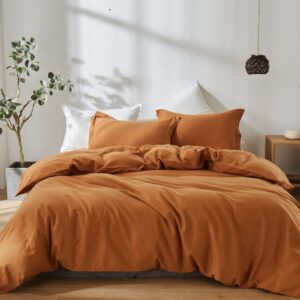 simple&opulence french linen duvet cover set 88" x 92"- 3 pieces (1 comforter cover,2 pillowcases)- natural flax cotton blend-solid color breathable farmhouse bedding-rust, queen