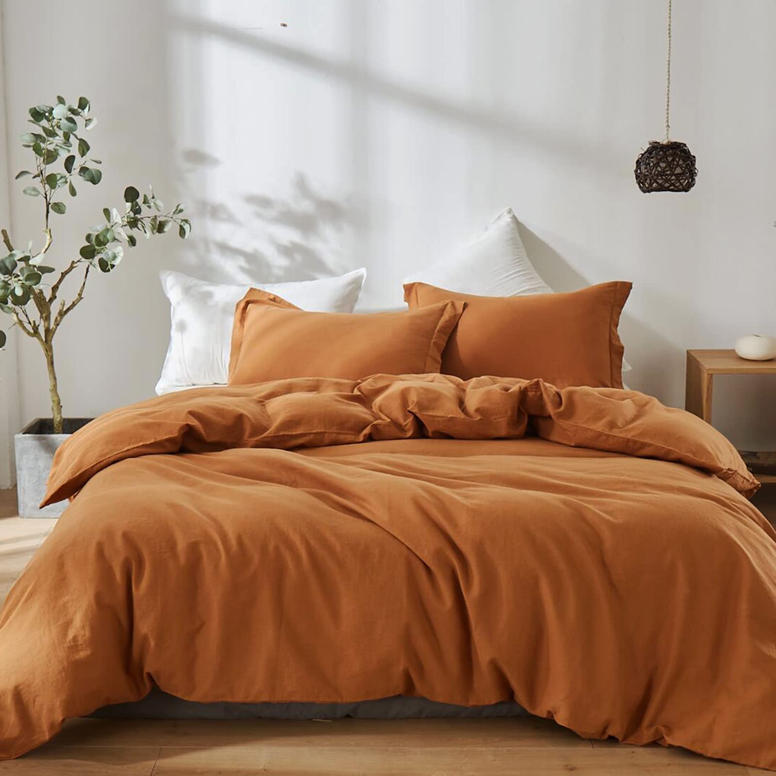 Simple&Opulence French Linen Duvet Cover Set 88" x 92"- 3 Pieces (1 Comforter Cover,2 Pillowcases)- Natural Flax Cotton Blend-Solid Color Breathable Farmhouse Bedding-Rust, Queen