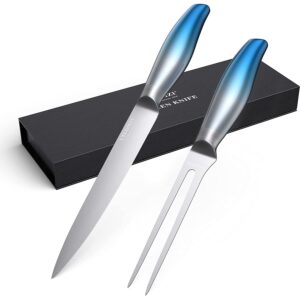 becokay carving knife and fork set, high carbon german steel, 12" meat carving knife and 11" fork for outdoor camping family barbecue bbq turkey gift, with elegant full tang handle (blue)