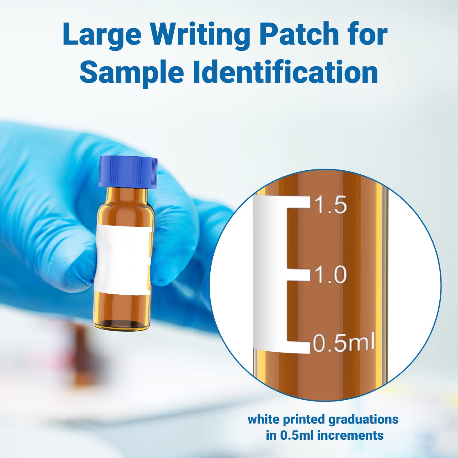 FOUR E'S SCIENTIFIC 2ml Autosampler Vials 1000 Pack - HPLC Vial | 9-425 Amber Vial with Blue Screw Caps | Writing Patch | Graduation | White PTFE & Red Silicone Septa Fit for LC Sampler