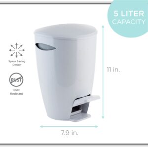 Bath Bliss 5 Liter Step Pedal Trash Bin | Soft Close Lid | Hands Free | Small Waste Basket | Garbage Can | Contemporary Design | Bathroom | Office | Dorm | White