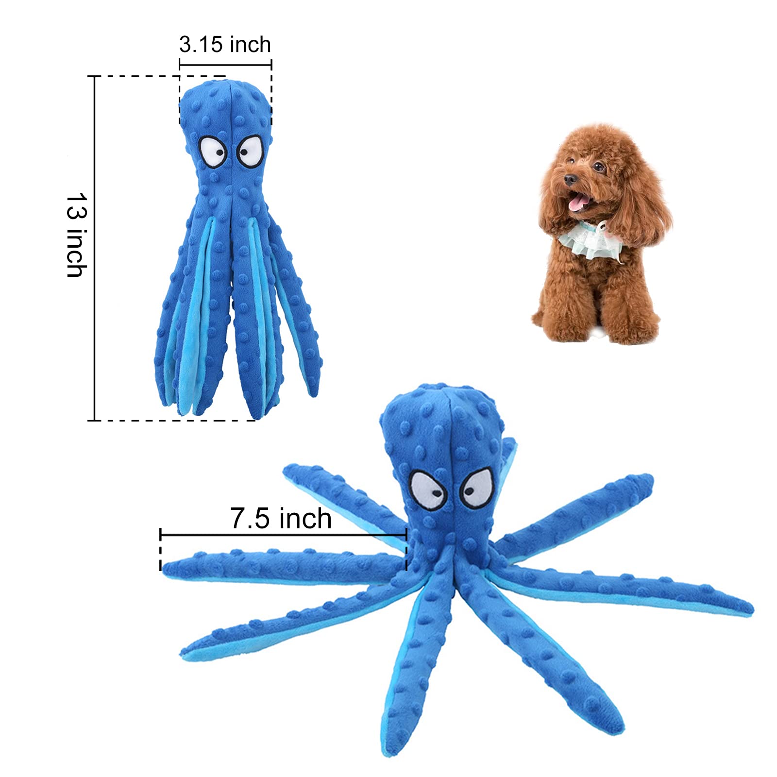 WishLotus Octopus Dog Chew Toy, No Stuffing Plush Dog Squeaky Toy with Crinkle Paper in Legs, Corduroy Interactive Dog Play Toy Dog Teething Toy for Small, Medium Dogs (Blue)