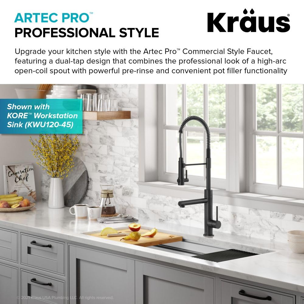 KRAUS Artec Pro Commercial Style Pre-Rinse Single Handle Kitchen Faucet with Pot Filler in Matte Black, KPF-1603MB