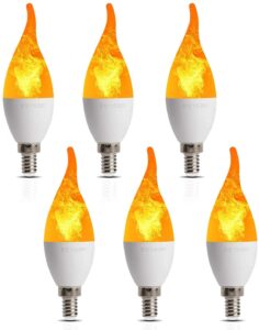 bailaoye 6 pack led simulated fire flicker flame candelabra bulbs,2w 1800k warm white flickering e12 flame effect light,3 lighting modes emulation, general, breathing for indoor and outdoor decoration