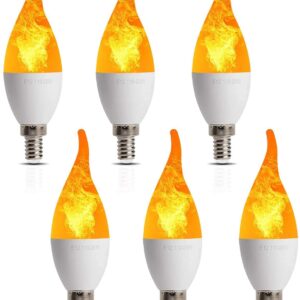 BAILAOYE 6 Pack LED Simulated Fire Flicker Flame Candelabra Bulbs,2W 1800K Warm White Flickering E12 Flame Effect Light,3 Lighting Modes Emulation, General, Breathing for Indoor and Outdoor Decoration