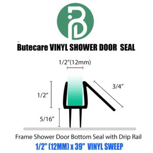 Butecare Premium Frameless Shower Door Bottom Seal Strip for Glass Doors - Shower Door Seal Sweep (1/2” x 39”, Clear Vinyl)