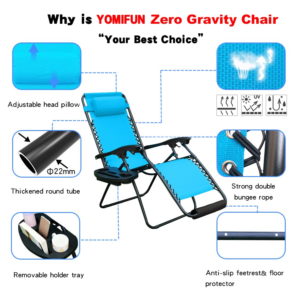 YOMIFUN Zero Gravity Chairs Set of Two, Lawn Chair, Folding Recliner Lounge Chair, Everything Included with Padded Head Pillow, Holder Tray, Shoulder Strap, Footrest Cushion, Light Blue