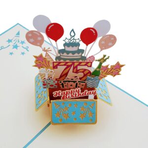 iGifts And Cards Happy 75th Blue Birthday Party Box 3D Pop Up Greeting Card – Seventy-Five, Awesome, Balloons, Unique, Celebration, Feliz Cumpleaños, Fun, Mom, Dad