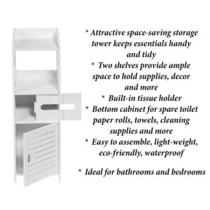 Etna Bathroom Storage Cabinet Tower - Freestanding Restroom Organizer Rack, White Bath Room Shelf Unit with Tissue Holder