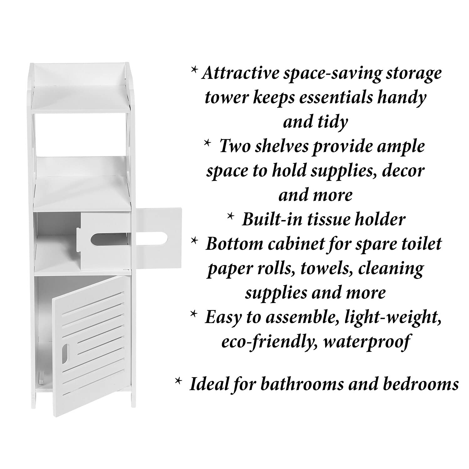 Etna Bathroom Storage Cabinet Tower - Freestanding Restroom Organizer Rack, White Bath Room Shelf Unit with Tissue Holder